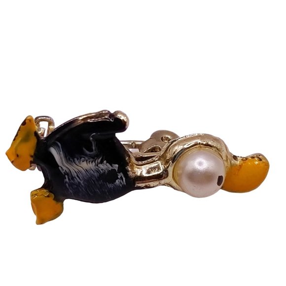 Jewelry | Vintage Enamel Duck Brooch Pin Faux Pearl Black Yellow Bill ...